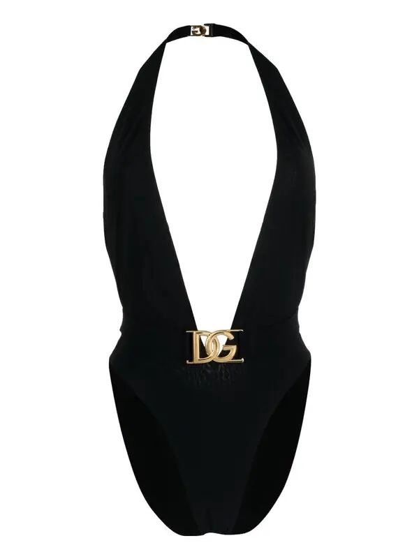Dolce & Gabbana Logo-plaque Plunge Swimsuit - Black