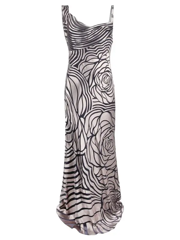 Alberta Ferretti Rose-print Asymmetric Sleeveless Gown - Neutrals