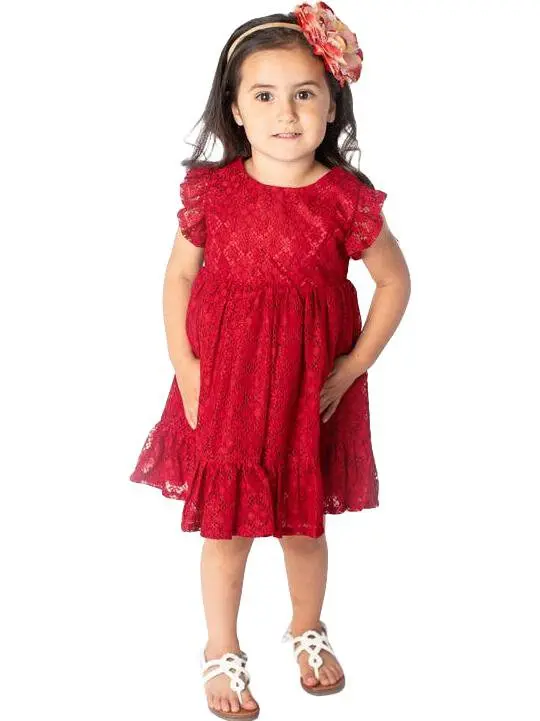 POPATU Ruffle Lace Overlay Babydoll Dress - Burgundy