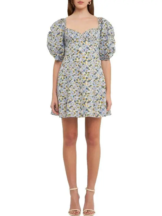 Endless Rose Floral Print Puff Sleeve Mini Dress - Blue Multi