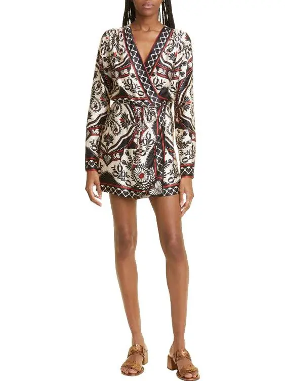 Farm Rio Passion Scarf Print Long Sleeve Wrap Minidress - Black