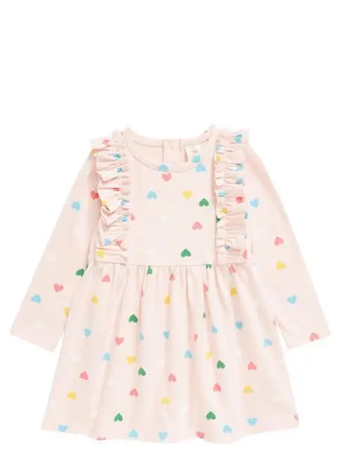 TUCKER + TATE Heart Print Shoulder Ruffle Long Sleeve Cotton Blend Dress - Pink English Happy Hearts