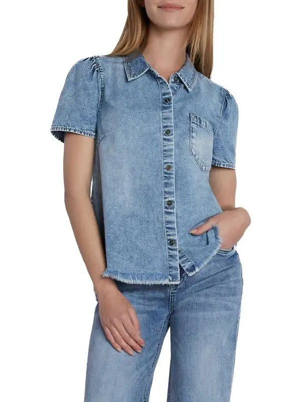 WASH LAB DENIM Puff Sleeve Denim Shirt - Denim Bubble