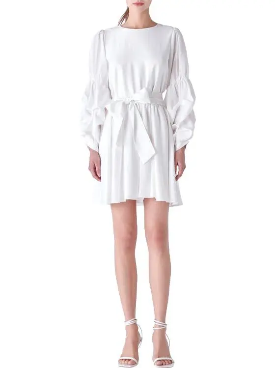 English Factory Cinched Puff Shoulder Long Sleeve Tie Belt Dress - White