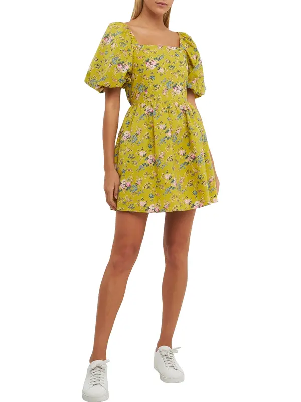 English Factory Floral Print Cutout Back Mini Dress - Celery