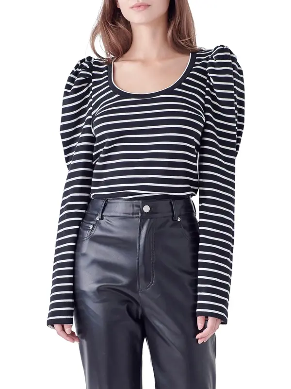 English Factory Stripe Puff Sleeve Knit Top - Black/white