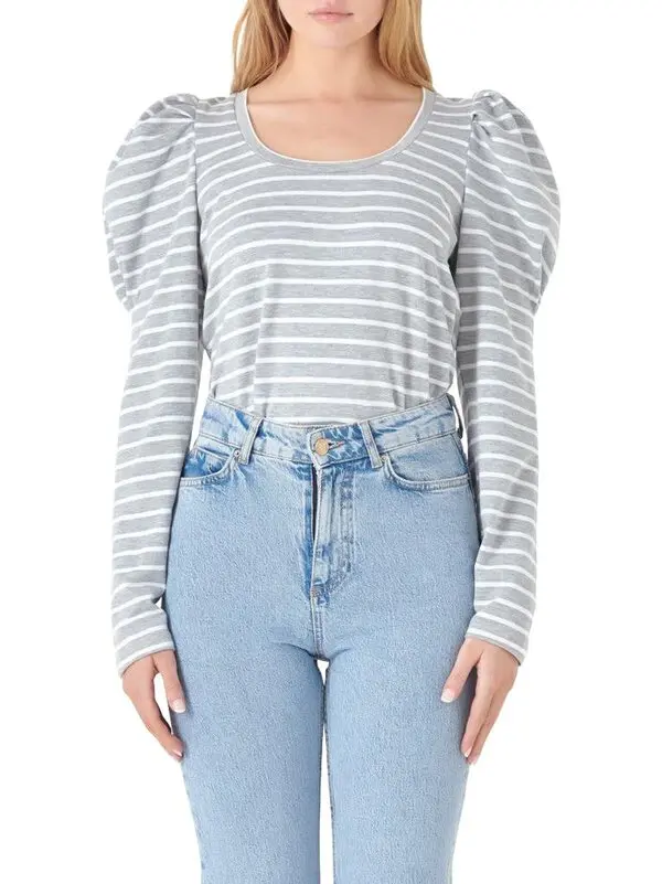 English Factory Stripe Puff Sleeve Knit Top - Heather Grey/ White