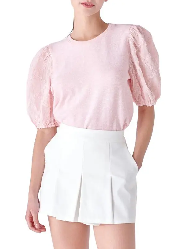 English Factory Mixed Media Puff Sleeve Top - Pink