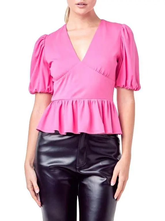English Factory Puff Sleeve Peplum Top - Pink