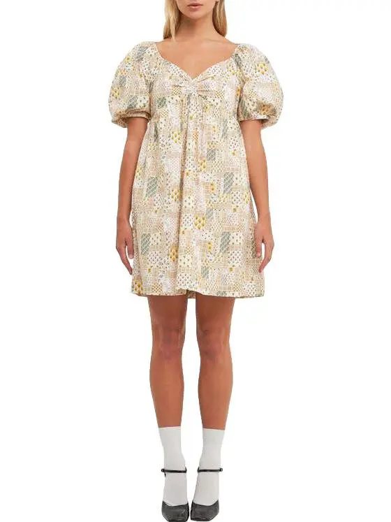 FREE THE ROSES Patchwork Puff Sleeve Babydoll Dress - Multi