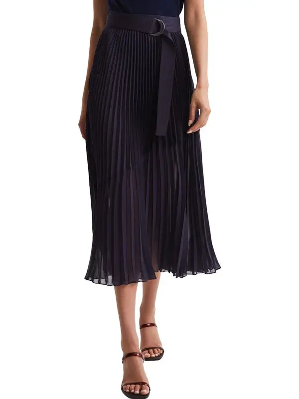 REISS Pleated Belted Midi Skirt - Grape