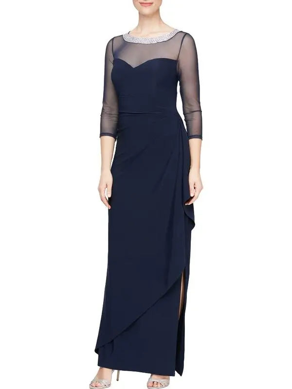 Alex Evenings Embellished Illusion Neck Gown - Navy