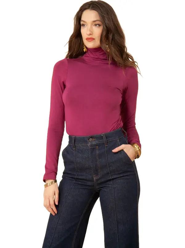 Hale Bob Lilou Jersey Turtleneck Top - Burgundy / Purple