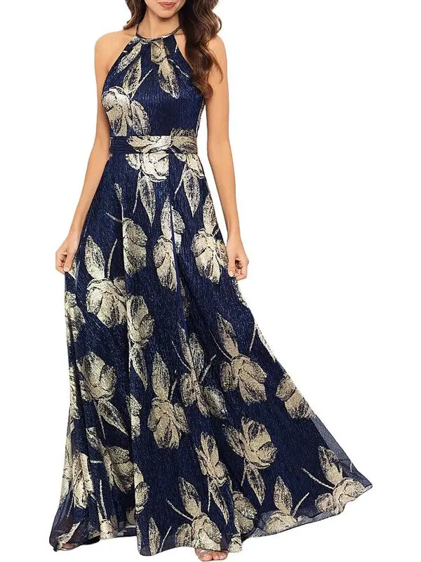 Aqua Floral Print Foil Halter Gown - Navy/gold