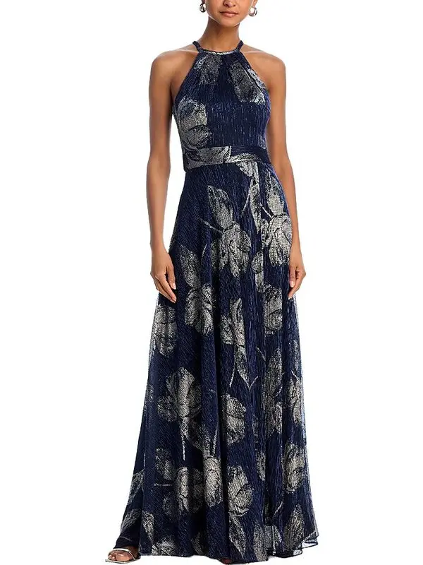 Aqua Floral Print Foil Halter Gown - Navy/gunmetal