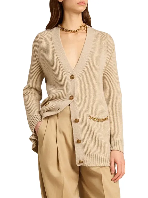 GOLDEN GOOSE Chain Detail Wool Blend Rib Cardigan - Lambs Wool/gold