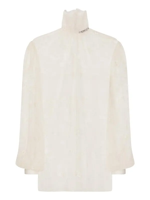 Dolce & Gabbana Floral Lace Turtleneck Blouse With Dg Logo - White