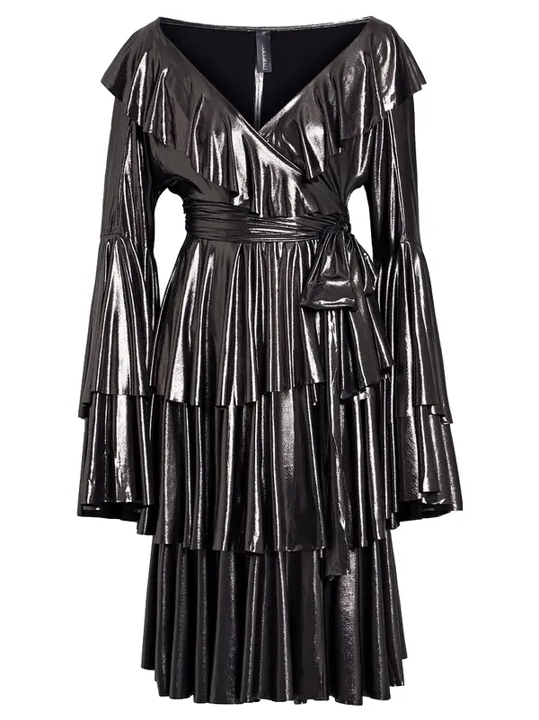 Norma Kamali Ruffled Metallic Jersey Wrap Dress - Gunmetal