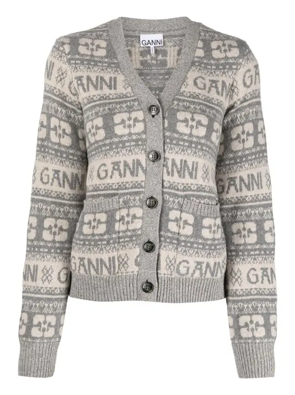 GANNI Logo Intarsia-knit V-neck Cardigan - Grey
