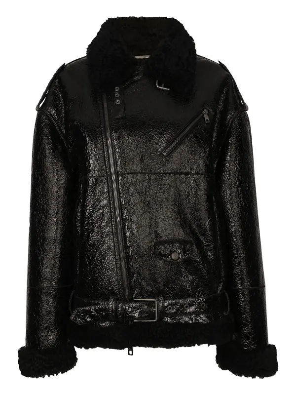 Dolce & Gabbana Frilled-collar Pebbled Leather Jacket - Black