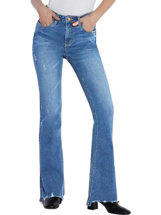 HINT OF BLU Distressed High Waist Flare Jeans - Steel Blue