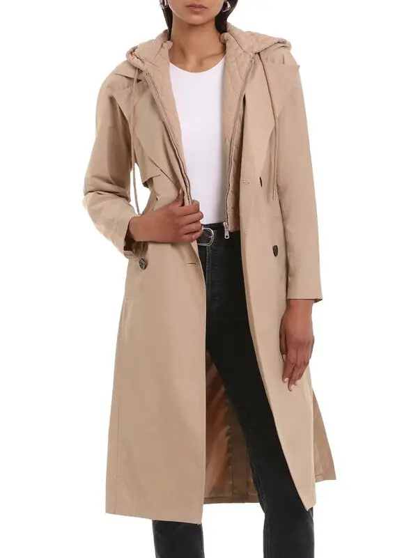 Avec Les Filles Hooded Belted Water Resistant Rain Coat - Khaki