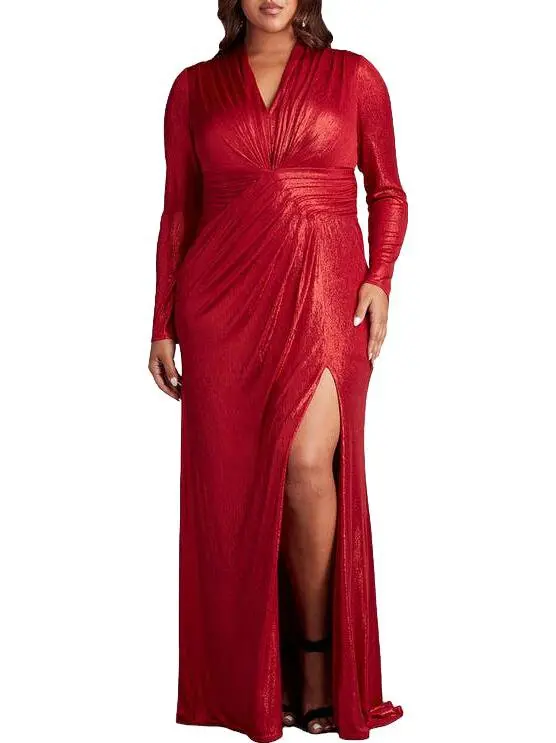 Tadashi Shoji Metallic Long Sleeve Gown - Deep Red