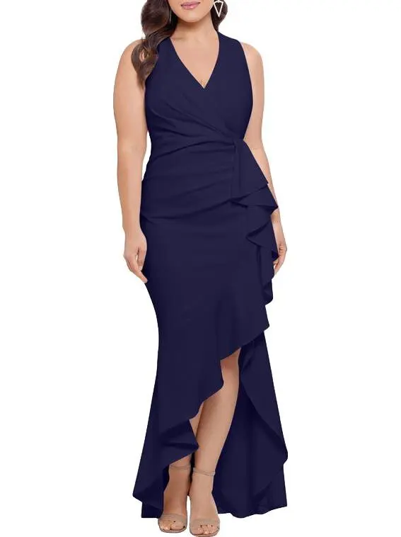 Betsy & Adam Sleeveless High-low Ruffle Gown - Navy