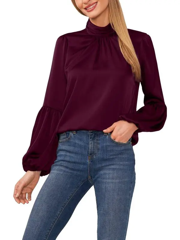 CECE DUPRAZ Satin Blouse With Mock Neck And Blouson Sleeves - Pickled Beet