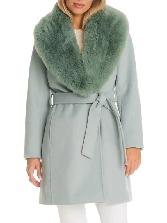Vince Camuto Double-breasted Coat With Faux Fur Collar - Mint