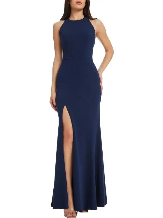 Dress The Population Paige Halter Neck Mermaid Gown - Navy