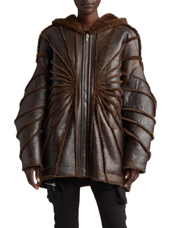 Rick Owens Genuine Shearling Web Detail Leather Jacket - Brown