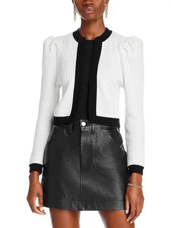 Alice + Olivia Trina Cable Puff Sleeve Cropped Cardigan - Ecru/black