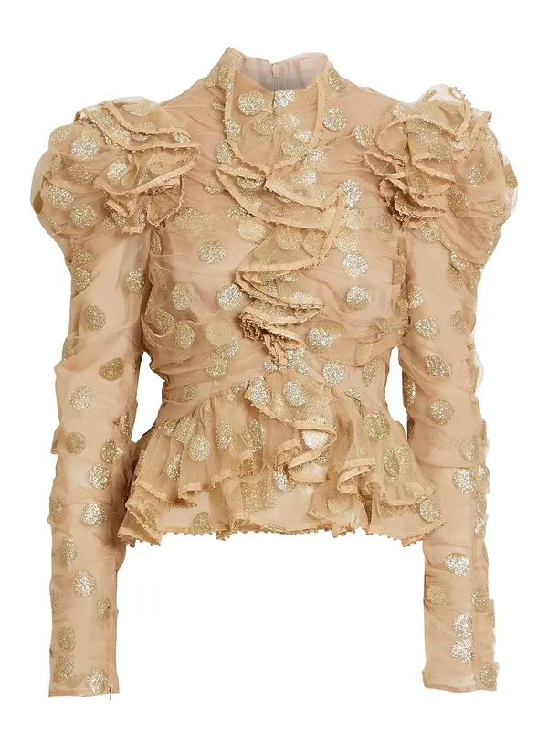 Zimmermann Ruffled Glittered Polkadot Tulle Blouse - Beige