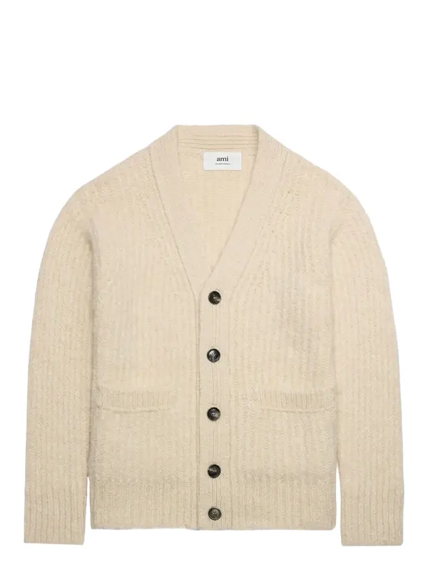 Ami V-neck Rib-knit Cardigan - Neutrals