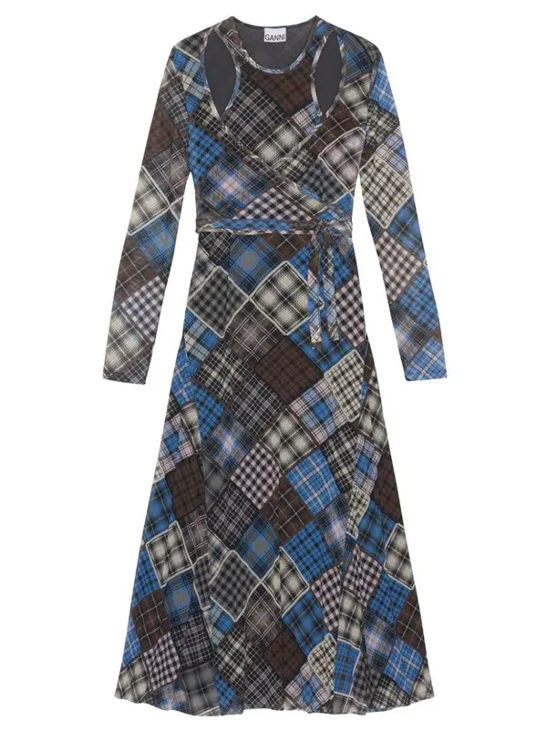 GANNI Check-print Wrap Midi Dress - Blue