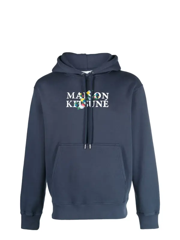 Maison Kitsuné Cotton Hoodie With Logo And Floral Print - Blue