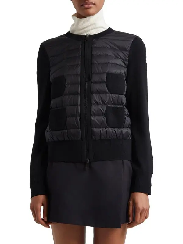 Moncler Mixed Media Quilted Wool Cardigan - Black/black