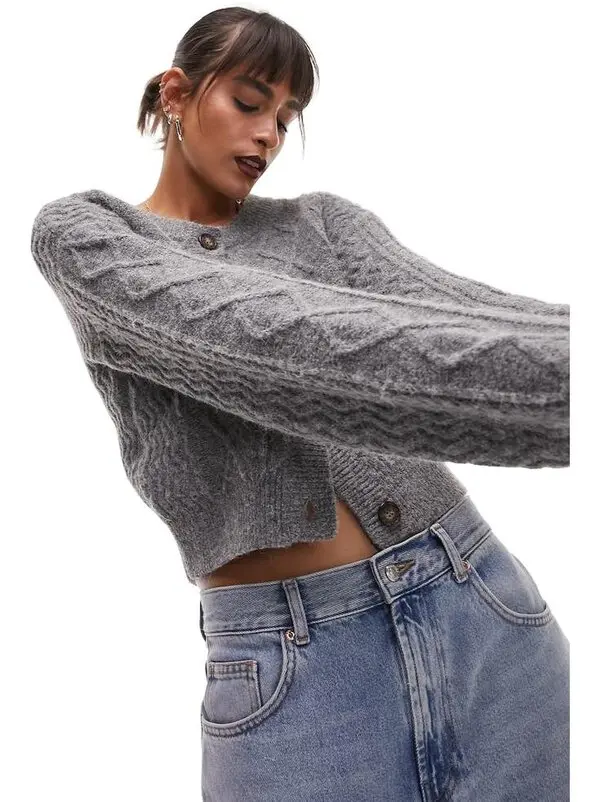 Topshop Cable Stitch Cardigan - Grey