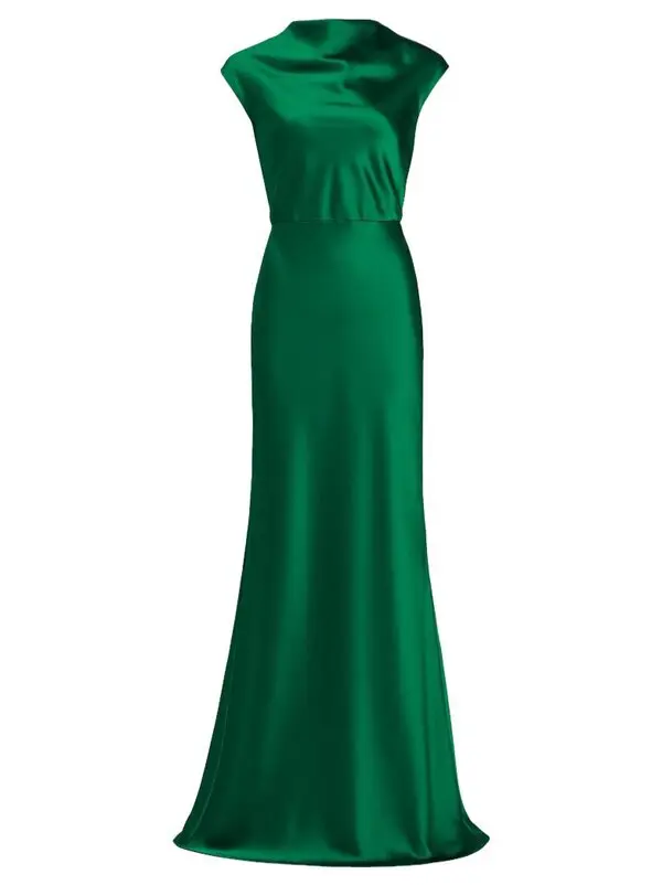 Amsale Satin High Cowlneck A-line Gown - Emerald