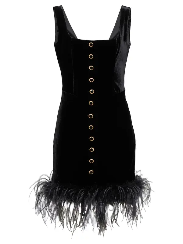 Alessandra Rich Feather-trimmed Velvet Minidress - Black