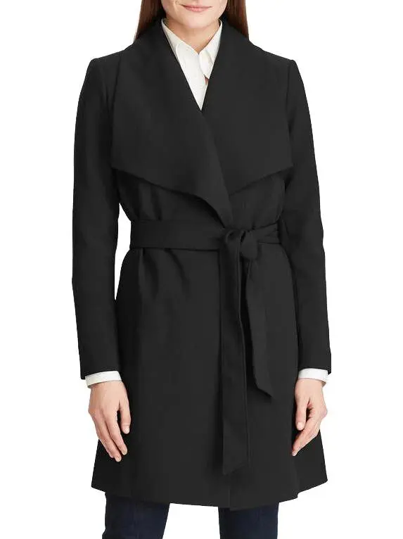 Ralph Lauren Drape Lapel Crepe Belted Coat - Black