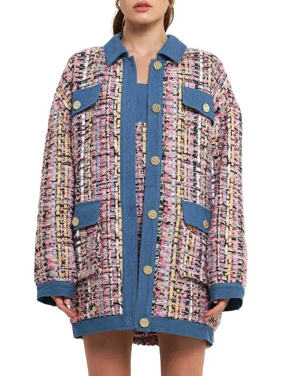 Endless Rose Tweed & Denim Oversize Shacket - Pink Multi