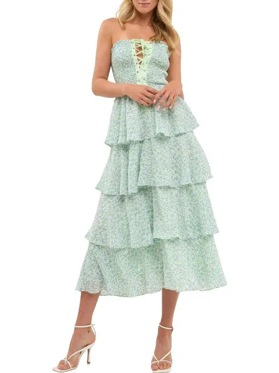 Endless Rose Floral Print Tiered Strapless Dress - Blue