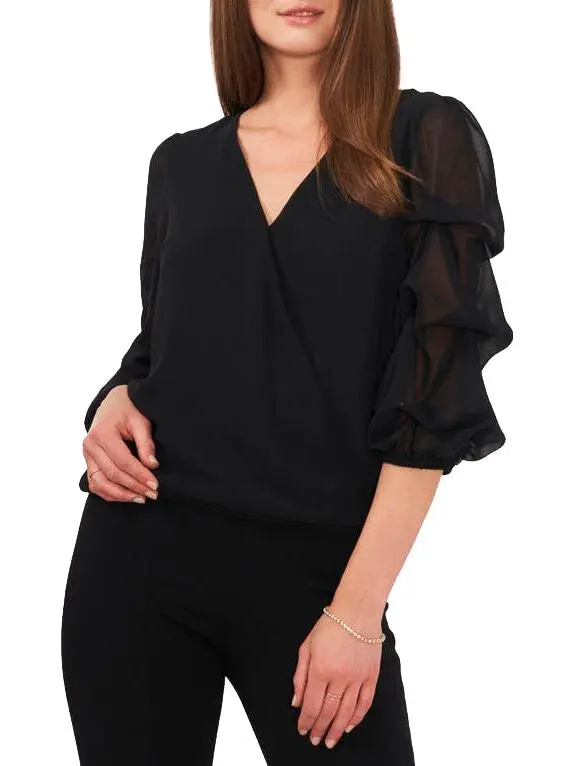 Chaus Cascading Bubble Sleeve Chiffon Top - Black