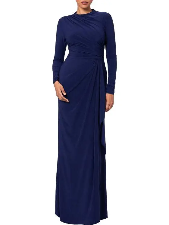 Betsy & Adam Ruffle Long Sleeve Sheath Gown - Navy