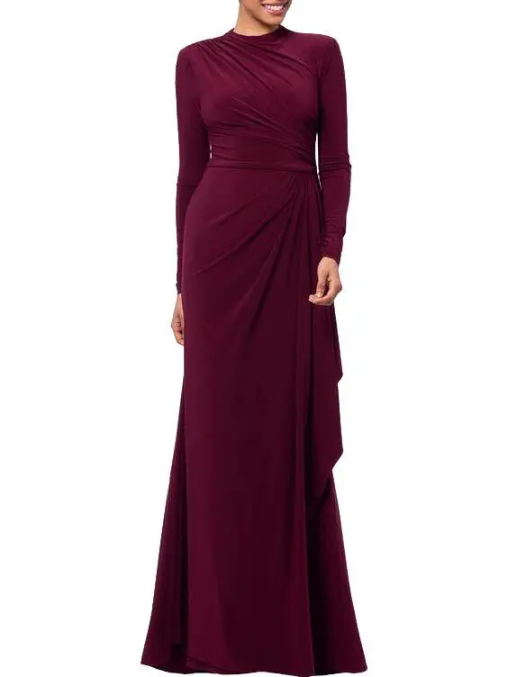 Betsy & Adam Ruffle Long Sleeve Sheath Gown - Wine