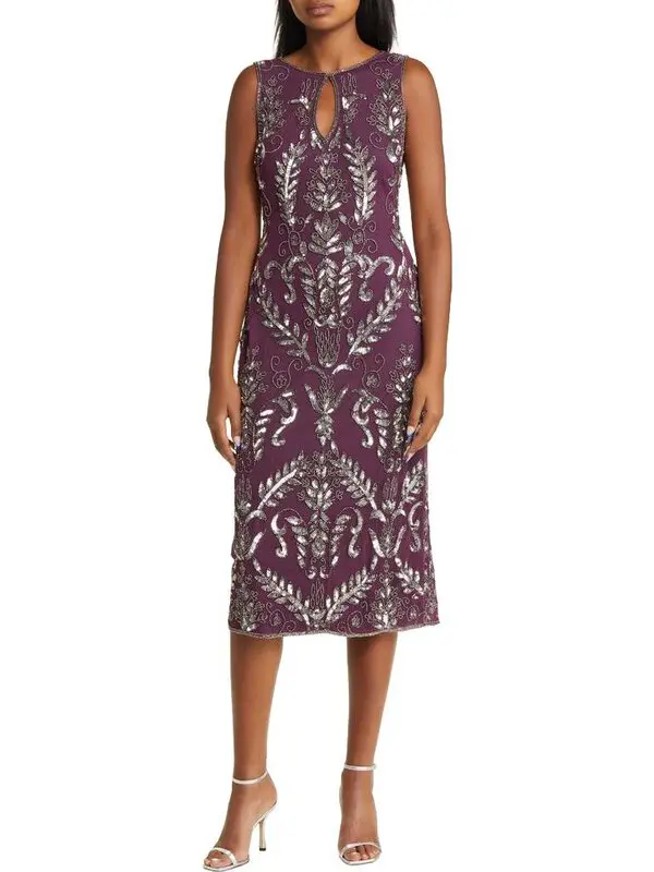 Pisarro Nights Embellished Midi Cocktail Dress - Plum