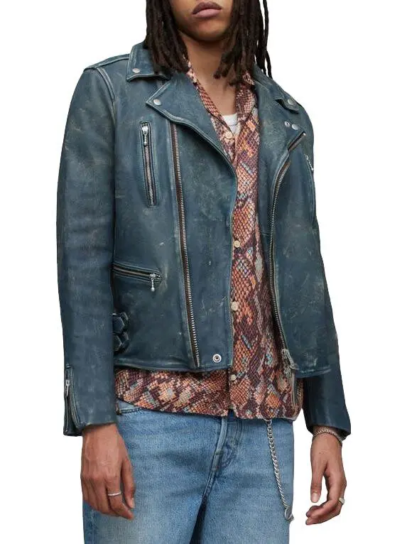 ALLSAINTS Ark Leather Biker Jacket - Jade Blue
