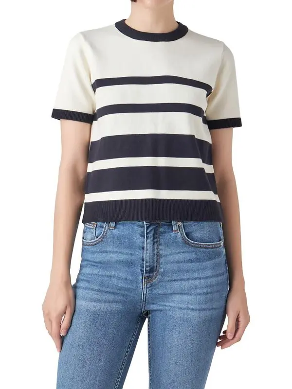 English Factory Stripe Short Sleeve Sweater - Ivory/navy